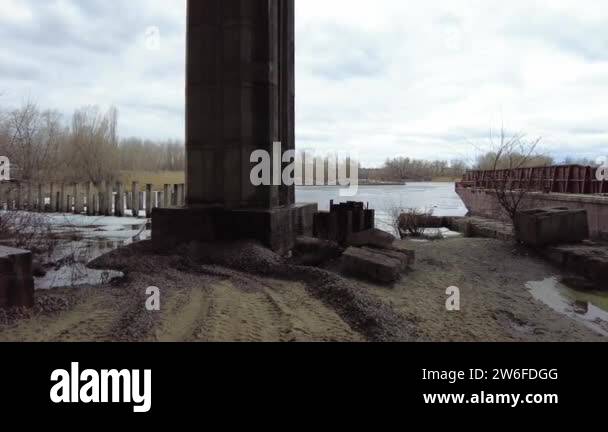 under the big bridge. Powerful iron bridge structure, View from below.A ...