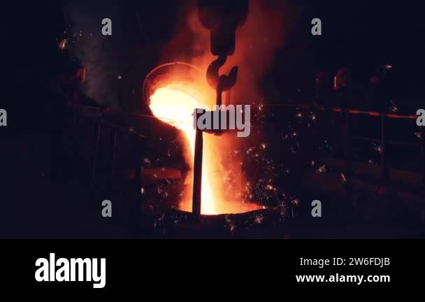 Blast furnace foundry metallurgical factory with liquid iron pouring to container, cast process ...