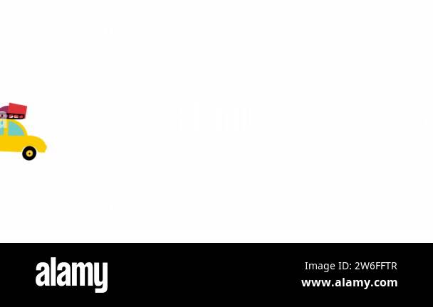 Animated car drive with baggage. Yellow vintage car rides from left ...