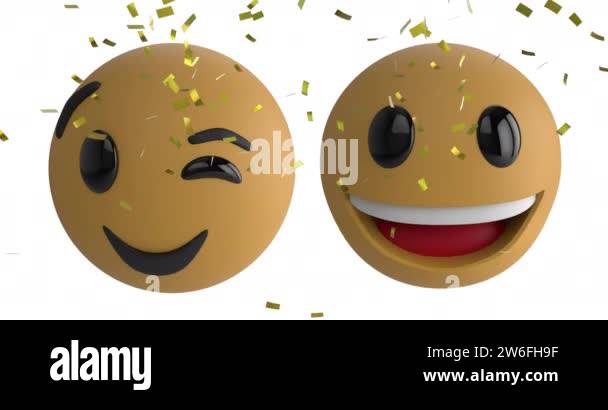 Animation of gold confetti falling over two smiling emojis on white ...