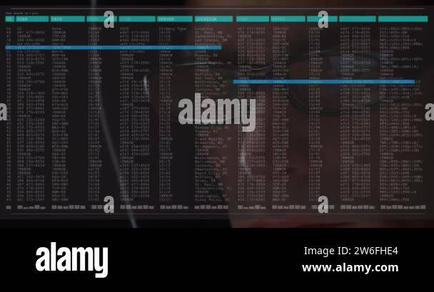 Animation of data processing on computer screen over close up of male hacker. global technology ...