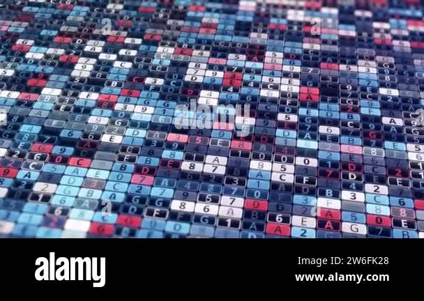 Many rows of changing random letters and numbers, seamless loop. Animation. Colorful cells with ...