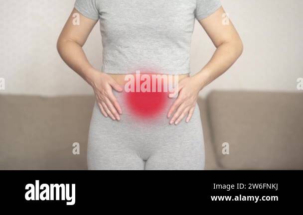 Menstrual pain, woman with stomachache suffering at home, painful area ...