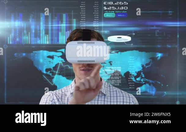 Animation of caucasian businessman wearing vr headset over world map ...