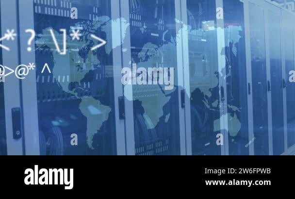 Multiple changing symbols and pulsating circles over world map against empty server room. cyber ...