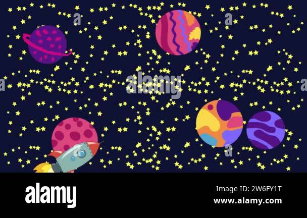 Cartoon Space. Cartoon rocket flies in outer space past the suspended ...