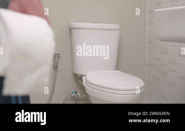 Diarrhea and stomach health problem concept. Adult man go to toilet has ...