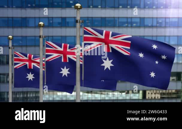 3D illustration Australian flag waving on modern skyscraper city ...