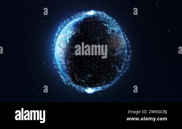 4k Beautiful sunrise futuristic world skyline. Planet digital earth ...