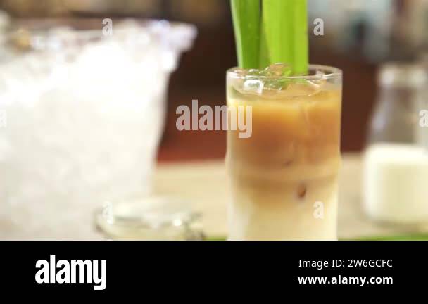 Ice Latte Drink with Pandan Leaves - Pan Left to Right Stock Video ...