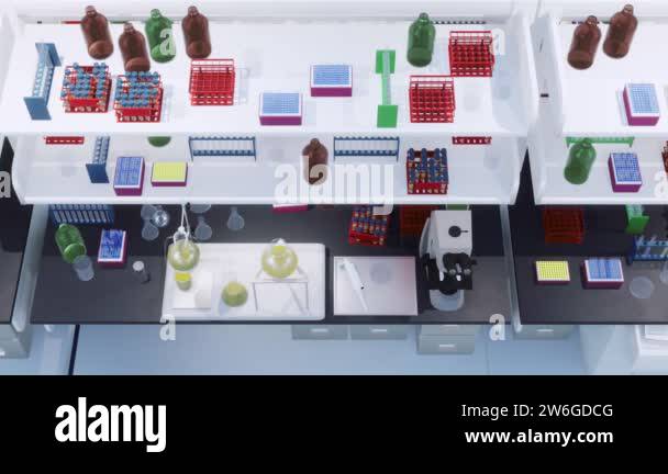 Top view of scientific research lab workplace table with microscope ...