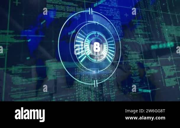 Animation Of Scope Scanning With Countdown Over Data Processing And World Map Global