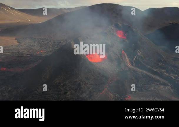 Flying Above lava eruption at Iceland volcano, Mount Fagradalsfjall ...