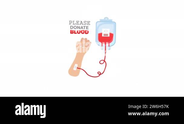 Animation of donate blood text with arm and blood collection tube and ...