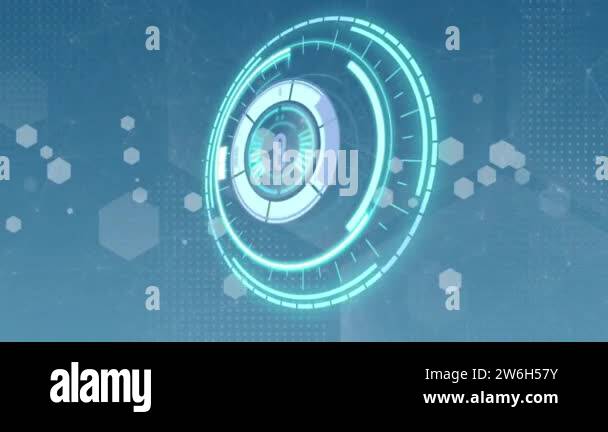 Animation of scope scanning with countdown over network of hexagons on blue background. global ...