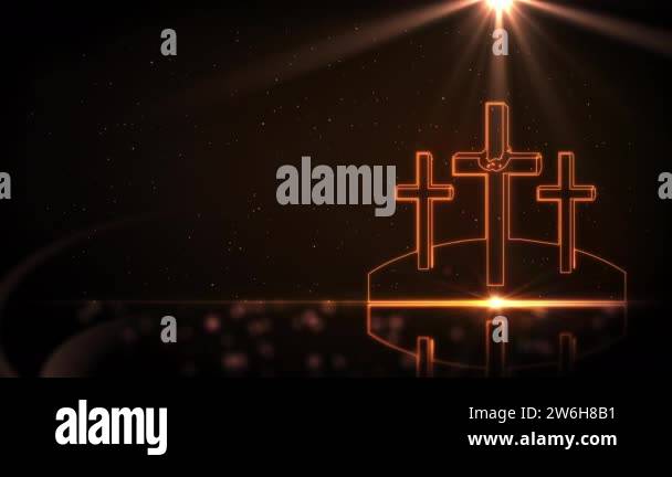 Three crosses on a hill drawn with golden light on dark background with ...