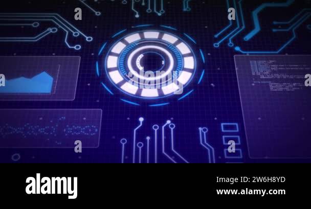 Animation of statistics recording and scope scanning on screens over grid. digital interface ...