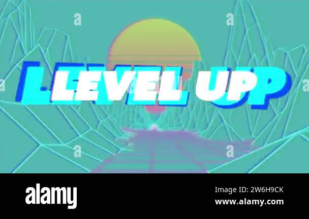 Digital animation of level up text against 3d model of mountains ...