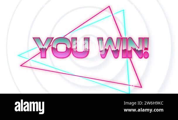 Digital animation of you win text over neon triangle shapes against ...