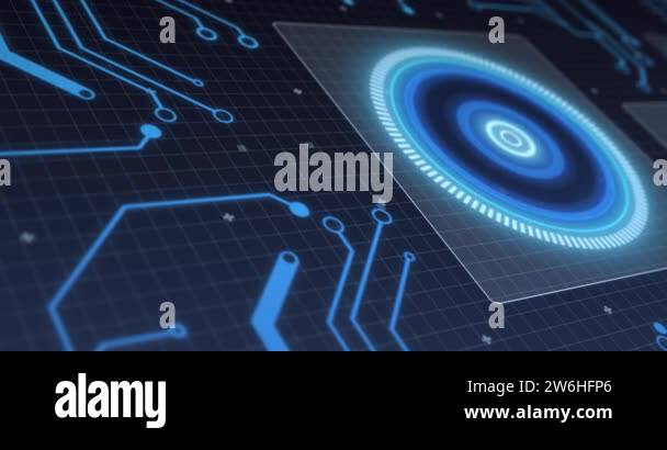 Animation of scope scanning and processor elements on screen over grid. digital interface ...