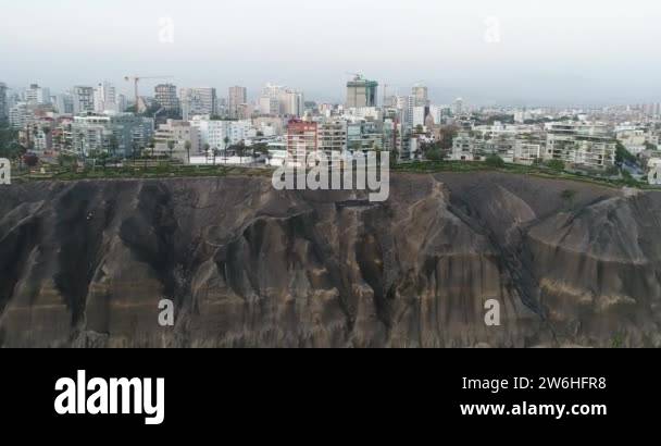 Aerial video made with drone over Lima city coast cliff during cloudy ...