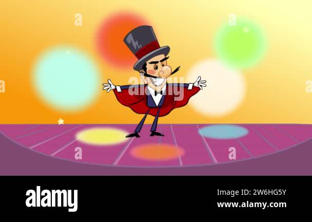 The cartoon magician on theatre stage. Looped cartoon animation of a ...