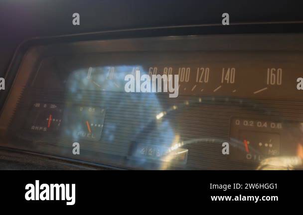 The dashboard in a retro car. Dial and arrow of the speedometer ...