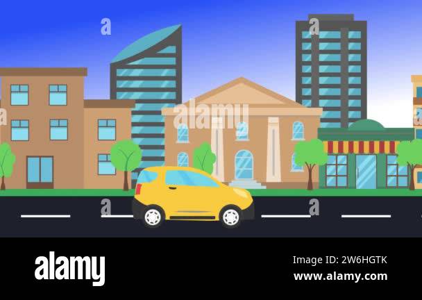 car driving rides around city side view, loop animation, flat design ...