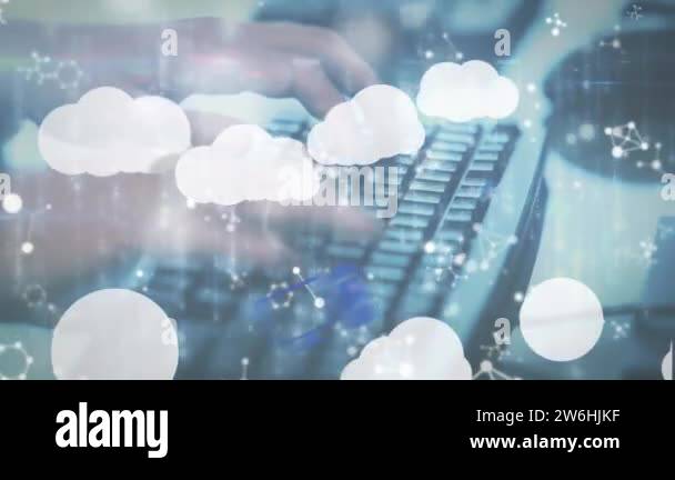 Animation of clouds with digital icons over person using computer ...