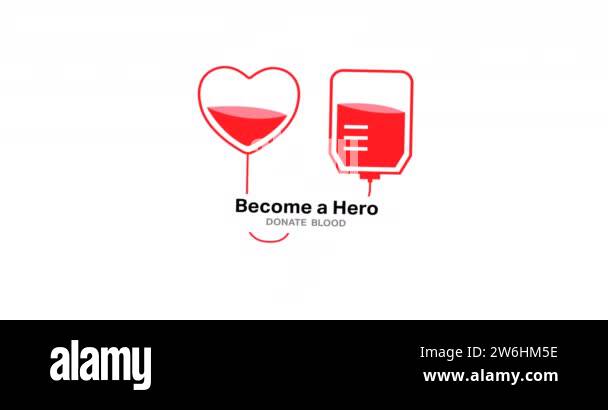 Animation of become a hero donate blood text with blood bag and heart ...