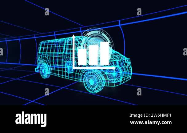 Animation of clock and statistics over 3d drawing model of van and grid ...