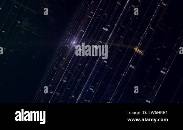Abstract virtual space with parallel narrow lines and changing numbers on black background ...