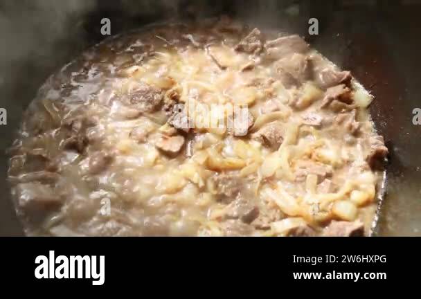 Meat and onions are stewed in a cauldron in a sauce close-up. Cooking ...