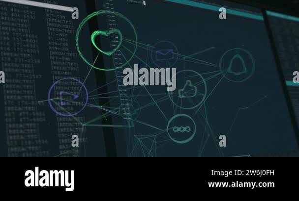 Animation of interface with connected social media icons and ...