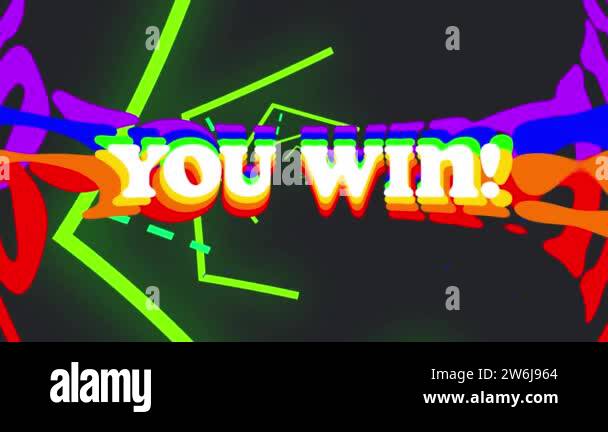Digital animation of you win text against neon glowing tunnel on black ...