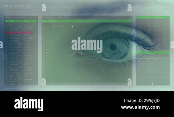 Animation of woman's blue eye with fast scrolling digital information and white and green lines ...