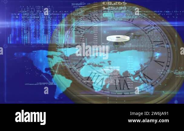 Animation of data processing and world map over moving clock. global communication, data ...