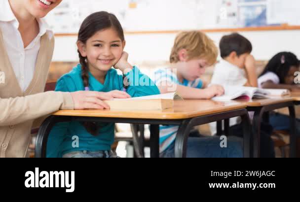 Animation of orange question mark over happy female elementary school ...