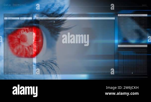 Animation of woman's red eye with interface and fast scrolling digital ...