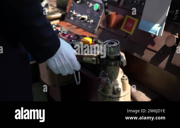 Operator on interior control place accelerates a Japanese local train ...