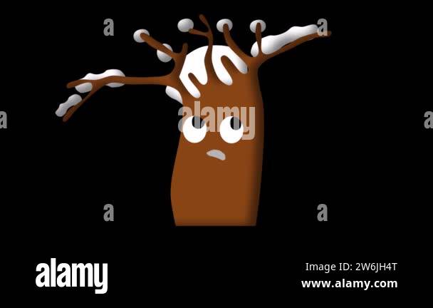 Cartoon smiling tree with eyes and shakes off snow from the branches ...