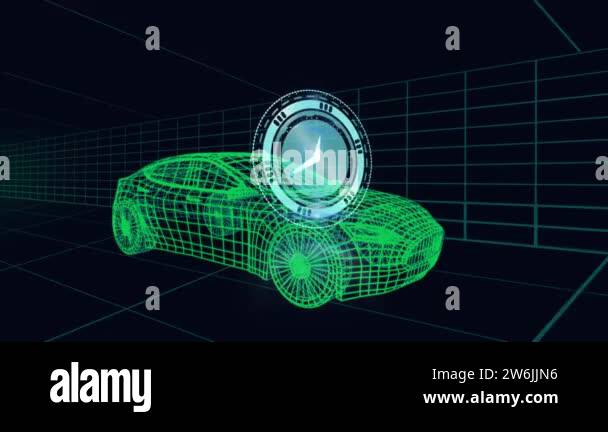 Animation of clock moving fast over 3d drawing model of car and grid ...