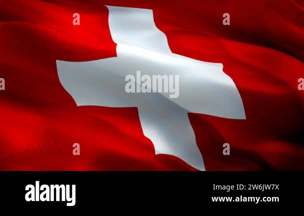 Swiss flag Closeup 1080p Full HD 1920X1080 footage video waving in wind ...