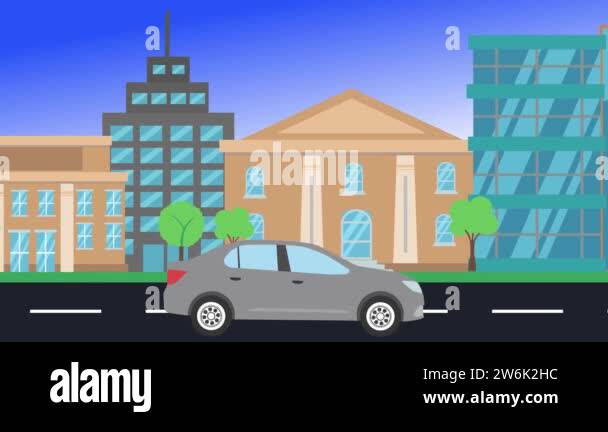 car driving rides around city side view, loop animation, flat design ...