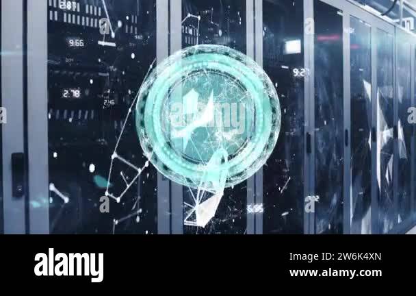 Animation of globe, clock moving fast and data processing over computer servers. global data ...