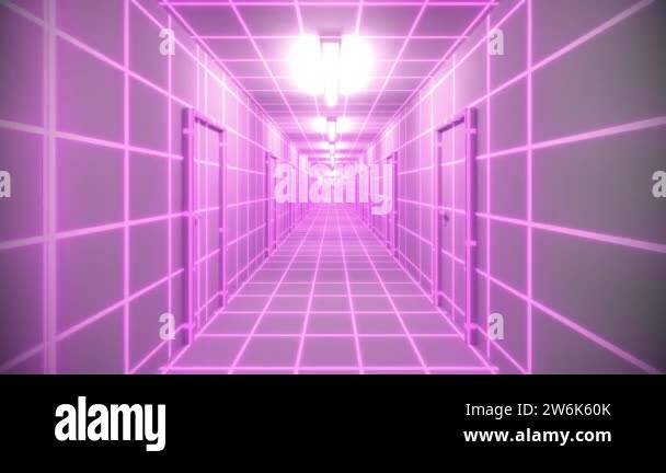 Endless white corridor doors neon tron 80s arcade glow loop wireframe ...