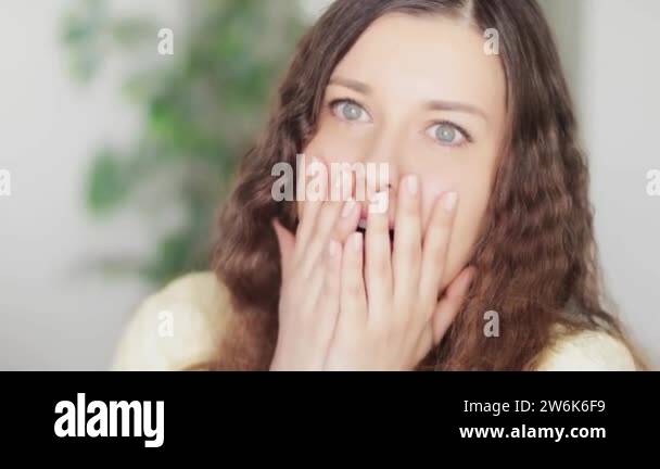 Surprised woman smiling and laughing, positive emotion and happy ...