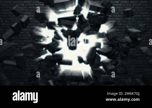 A detailed black brick wall is breaking in the center. 4K high-quality ...