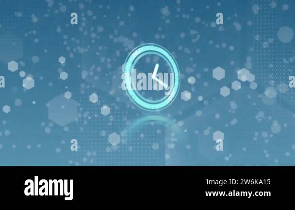 Animation of clock moving fast over network of hexagons and glowing spots. global connections ...