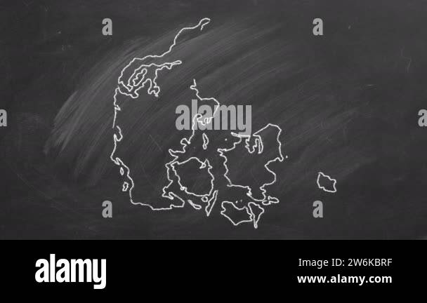 Country map and flag of Denmark drawing with chalk on a blackboard. 4K ...